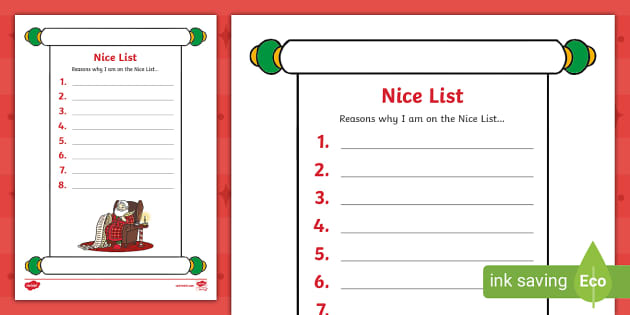 Nice List Writing Activity (teacher made) - Twinkl