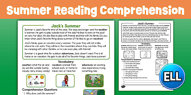 Jack’s Summer Reading Comprehension Worksheet for ELL
