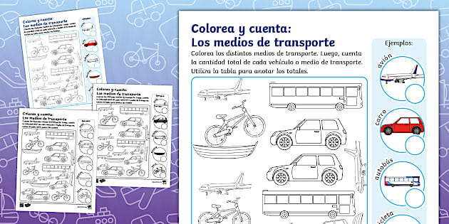 Hoja de actividad: Colorea y cuenta - Los medios de transporte