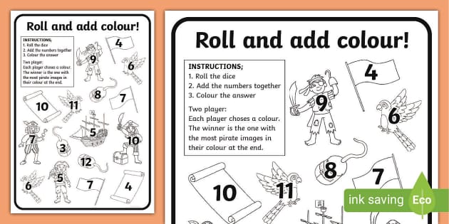 Pirates Color and Roll Worksheet (Teacher-Made) - Twinkl