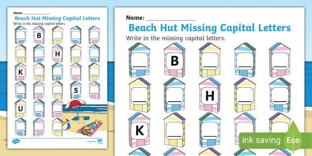 Beach Hut Missing Capital Letters Worksheet | Twinkl | KS1