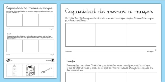 Ficha de actividad: Capacidad de menor a mayor - Twinkl