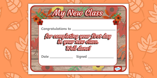 Autumn Market-Themed My New Class Certificate - Twinkl