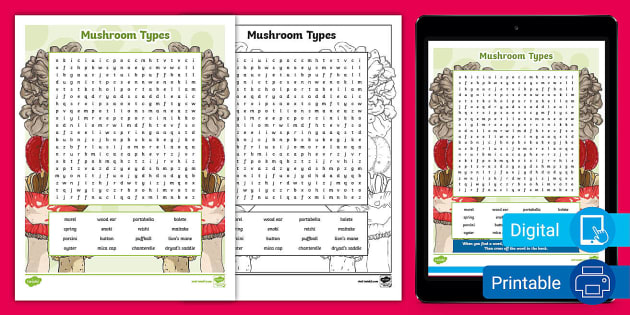 Mushroom Types Word Search for 6th-8th Grade - Twinkl