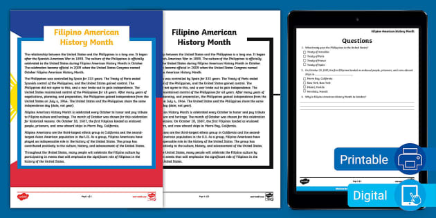 Eighth Grade Filipino American History Month Reading Passage Comprehension