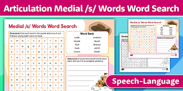 Articulation Medial /s/ Words Word Search for SLP