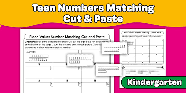 Kindergarten Place Value: Teen Numbers Matching Cut and Paste Worksheet