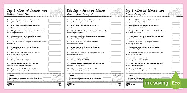 Stages 5 to 6 Addition and Subtraction Word Problem Activity