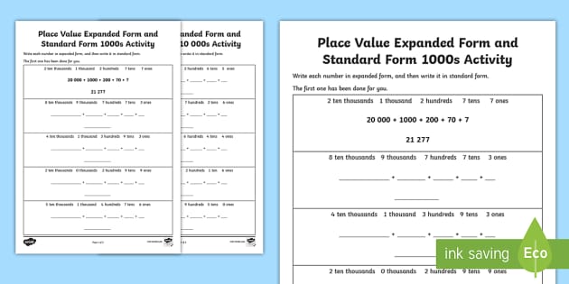 Place Value Expanded Form And Standard Form 10 000s Worksheet
