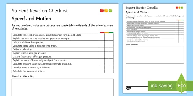 Speed and Motion Student Revision Checklist - Twinkl