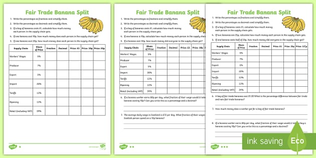 Fair Trade Banana Split Percentages Differentiated Worksheet