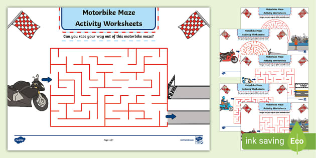 Motorbike Maze Activity Worksheets for children. - Twinkl