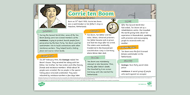 KS2 Corrie Ten Boom Fact File (teacher made) - Twinkl