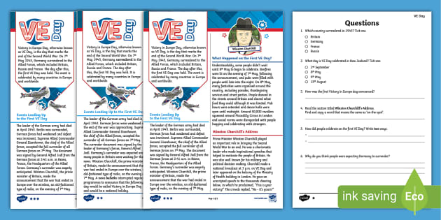 UKS2 VE Day Reading Comprehension (teacher made) - Twinkl