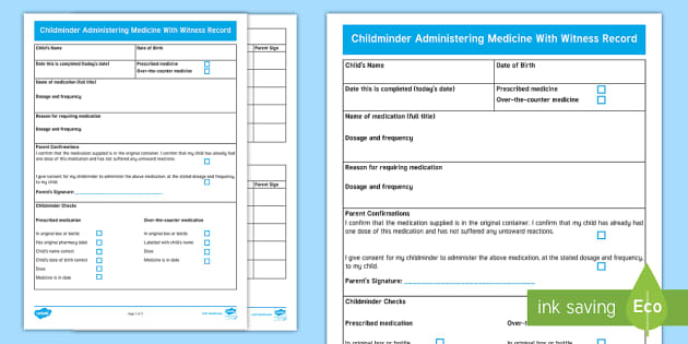 Childminder Administering Medicine with Witness Record Form