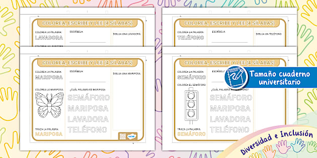 Guía |Trabajo | Colorea | Escribe | Lee | 4 sílabas | NEE