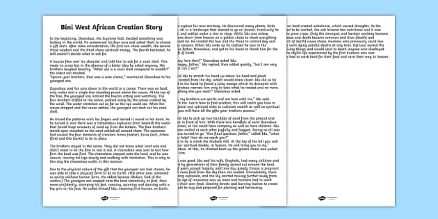 Kingdom of Benin: Bini Creation Story Print Out