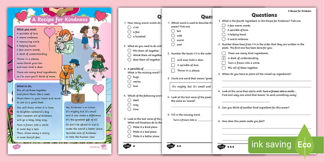 KS1 Recipe for Kindness Poetry Reading Comprehension