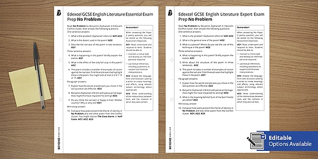 Edexcel GCSE Poetry Exam Prep - 'No Problem' Worksheet