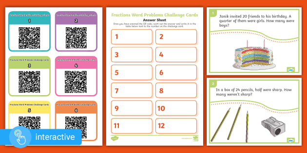 Fractions Word Problems QR Code Challenge Cards | Fractions