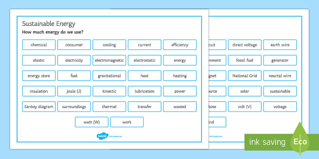 OCR 21st Century Combined Science P2 Sustainable Energy Word Mat