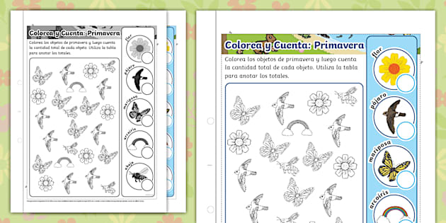 Guía de Trabajo: Colorea y Cuenta - Primavera - Twinkl
