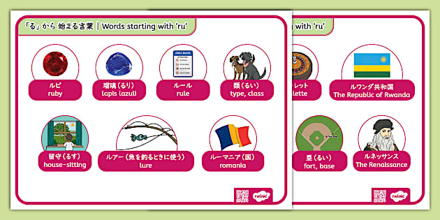 るからはじまる言葉 単語シート 英語付き Words Starting with hiragana 'ru' Japanese and English