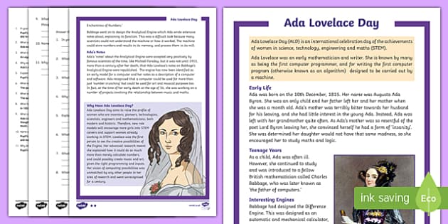 Ada Lovelace Differentiated Reading Comprehension Activity