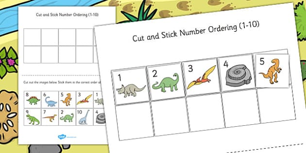 Dinosaur-Themed Cut and Stick Number Ordering Sheets 1-10