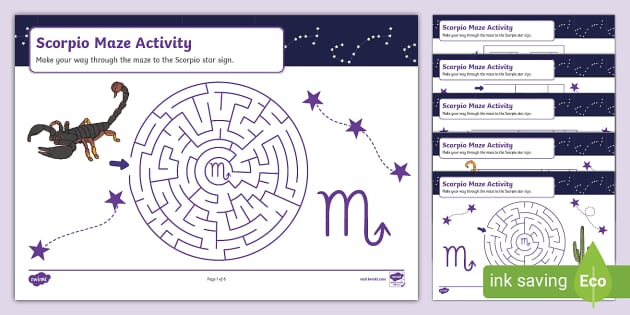 Scorpio Star Sign Themed Maze Activity Worksheets - Twinkl