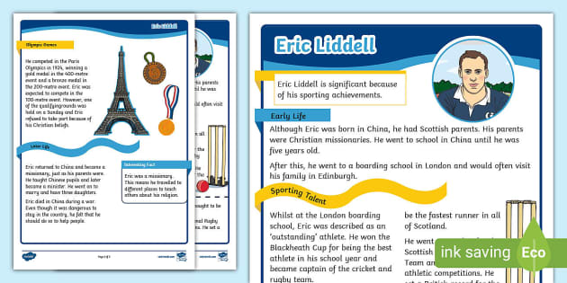 KS1 Eric Liddell Significant Individual Fact Sheet - Twinkl