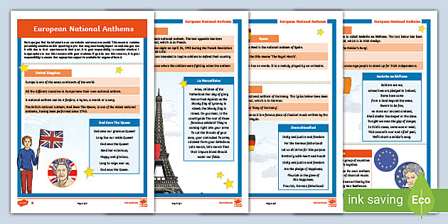European National Anthems Differentiated Reading Comprehension Activity