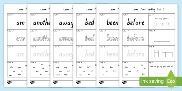 Learn New Zealand Essential Spelling List 5 Words Worksheets