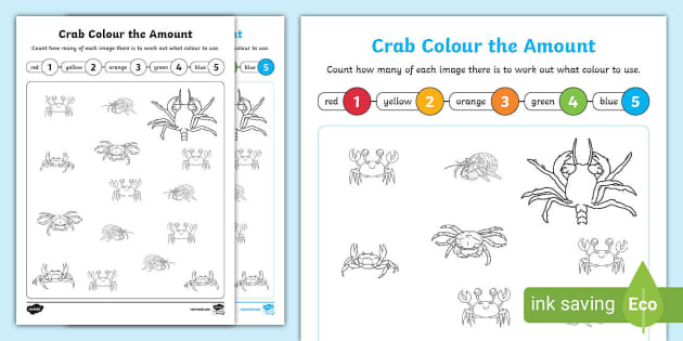 👉 Crab Colour the Amount Worksheet (teacher made)
