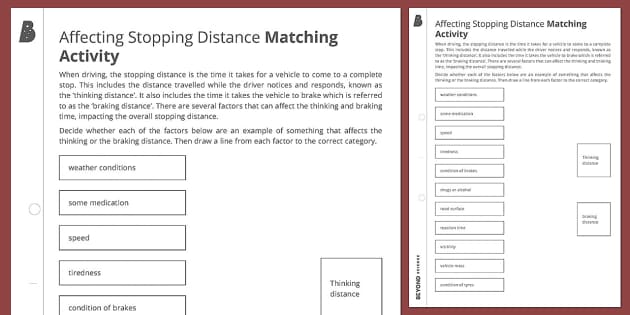 Factors Affecting Stopping Distance Matching Activity Factors Affecting Stopping Distance Matching Activity