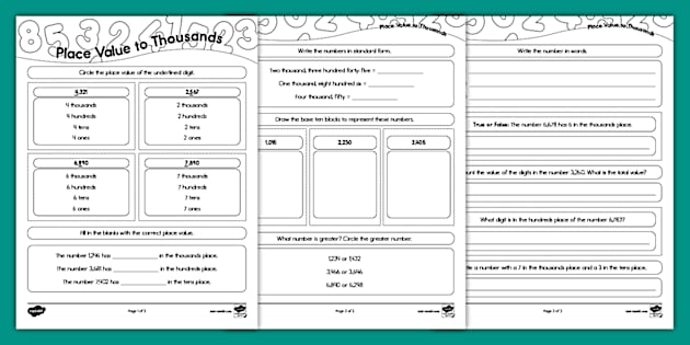Place Value to Thousands Worksheet for K-2nd Grade - Twinkl