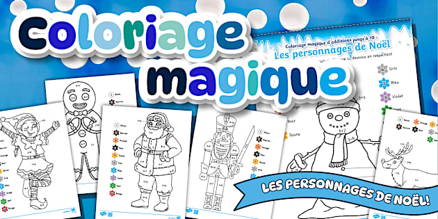 Coloriage magique d'additions jusqu'à 10 : Les personnages de Noël