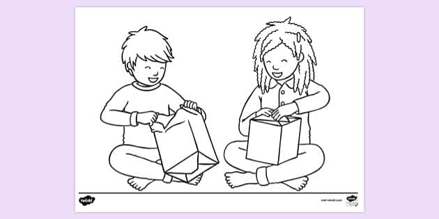 Children Opening Presents Colouring Sheet | Colouring Sheets