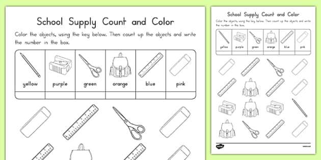 School Supplies Color and Count Worksheet / Activity Sheet