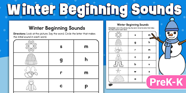 Winter Vocabulary Beginning Sounds Worksheet for PreK-K