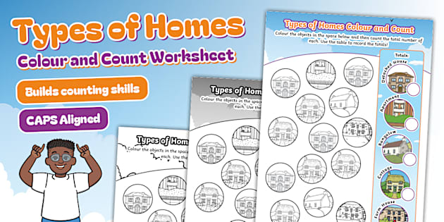 Foundation Phase Maths - Types of Homes - Colour and Count Worksheet (CAPS