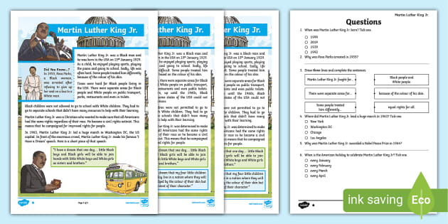 LKS2 Martin Luther King Jr. Differentiated Reading Comprehension Activity