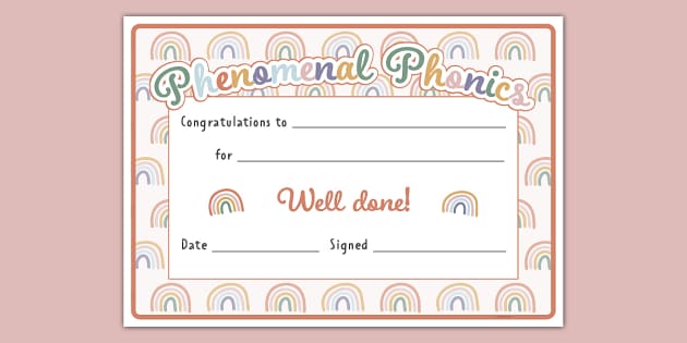 Muted Rainbow Themed Phenomenal Phonics Certificate - Twinkl