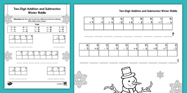 Two-Digit Addition and Subtraction Winter Riddle - Twinkl
