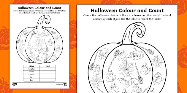 Halloween Colour and Count Worksheet (Teacher-Made) - Twinkl