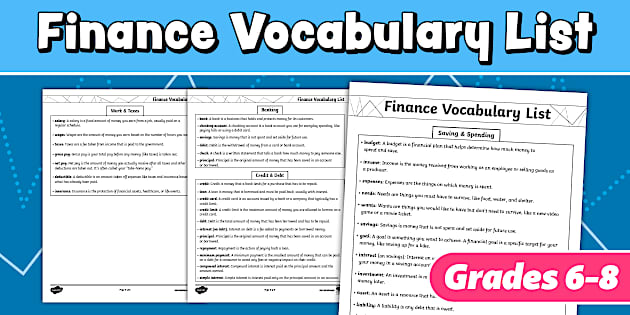 Finance Vocabulary List for 6th -8th Grade