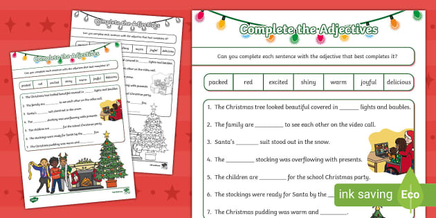 Christmas Adjectives Missing Word Sentence Worksheet
