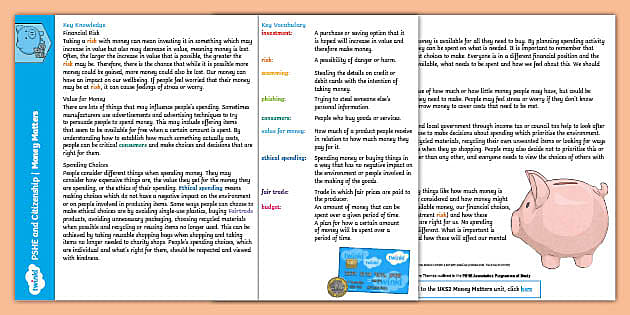 PSHE and Citizenship UKS2 Money Matters Knowledge Organiser