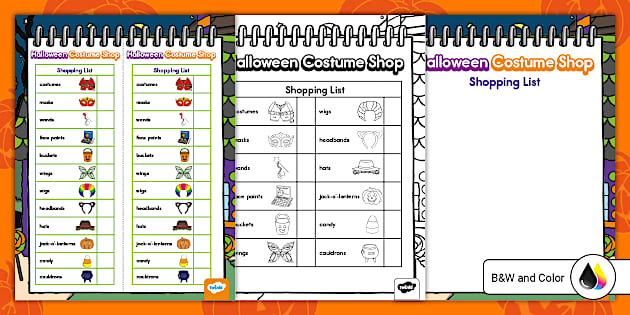 Halloween Costume Shop Dramatic Play Shopping List - Twinkl
