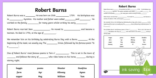 Robert Burns Missing Word Worksheet / Worksheet